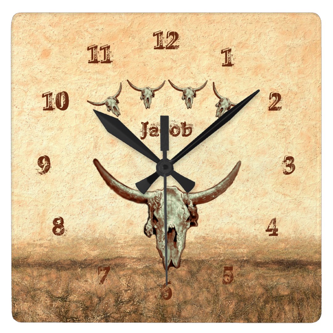 Cow Skull Brown Western Country Rustic Style Square Wall Clock | Zazzle