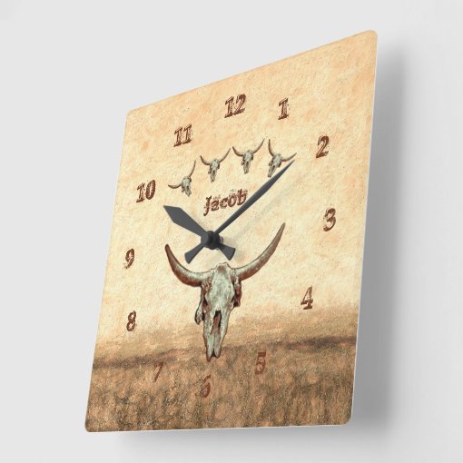 Cow Skull Brown Western Country Rustic Style Square Wall Clock | Zazzle