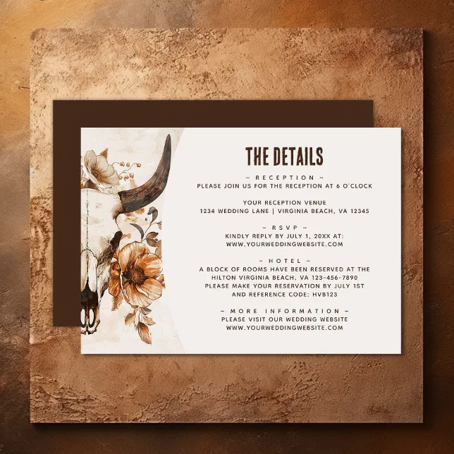 Cow Skull Floral Boho Western Wedding Details Enclosure Card | Zazzle