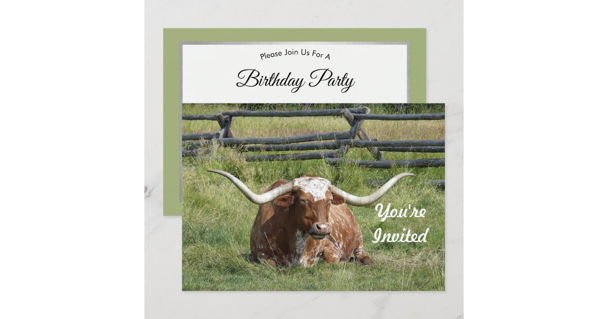 Cow Texas Longhorn Photo Birthday Invitation | Zazzle