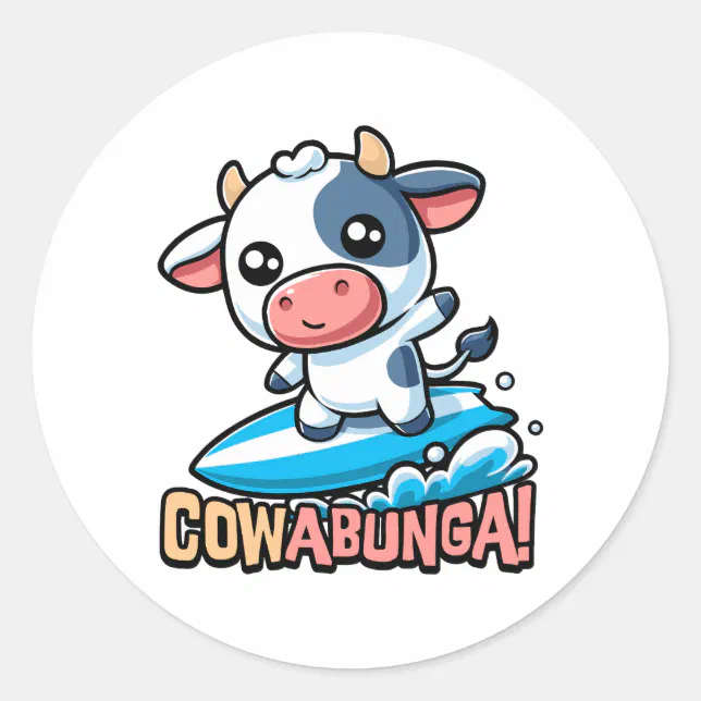Cowabunga! Cute Surfing Cow Pun Classic Round Sticker | Zazzle