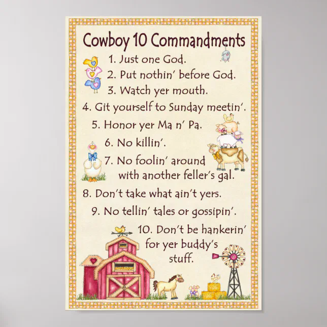 Cowboy 10 Commandments - Farm Fun Poster | Zazzle