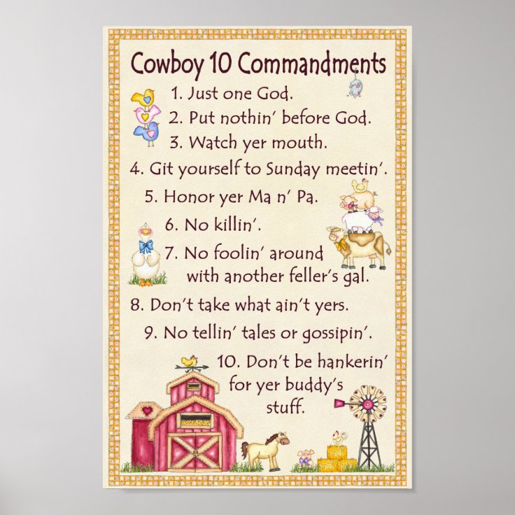 Cowboy 10 Commandments - Farm Fun Poster | Zazzle
