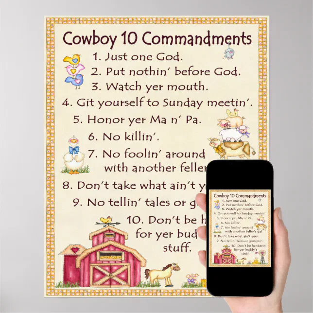 Cowboy 10 Commandments - Farm Fun (wide) Poster | Zazzle
