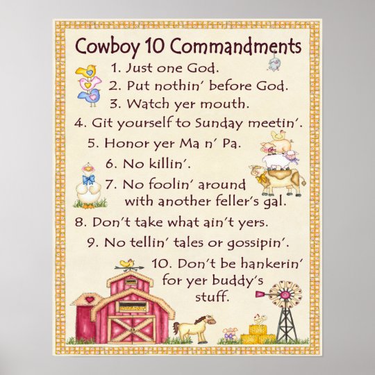 Cowboy 10 Commandments - Farm Fun (wide) Poster | Zazzle.com