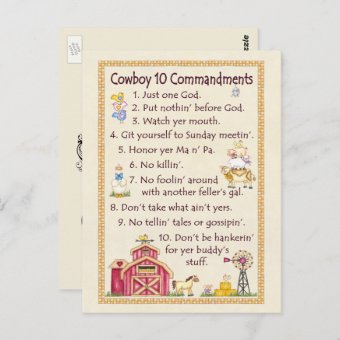 Cowboy 10 Commandments - Farm Postcard | Zazzle