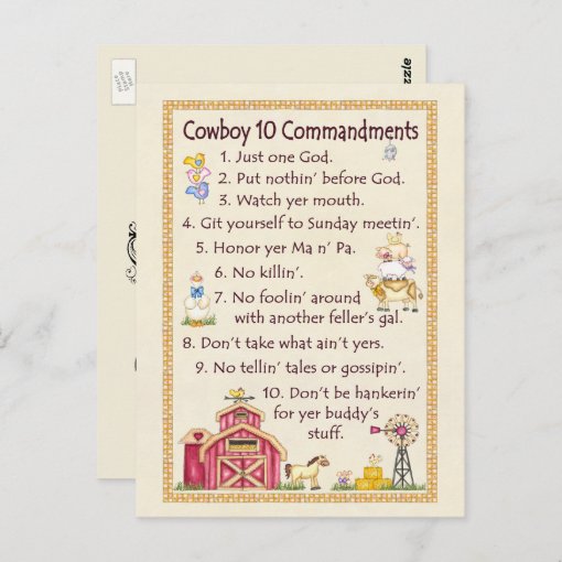 Cowboy 10 Commandments - Farm Postcard | Zazzle
