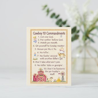 Cowboy 10 Commandments - Farm Postcard | Zazzle