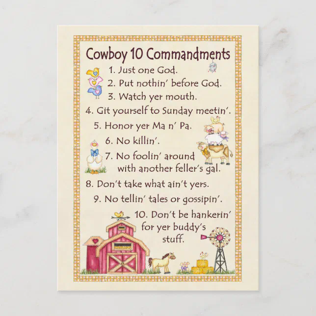 Cowboy 10 Commandments - Farm Postcard | Zazzle