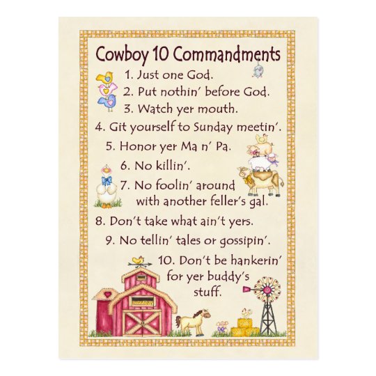 Cowboy 10 Commandments - Farm Postcard | Zazzle.com
