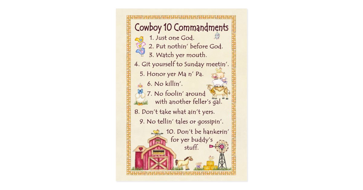 Cowboy 10 Commandments - Farm Postcard | Zazzle.com