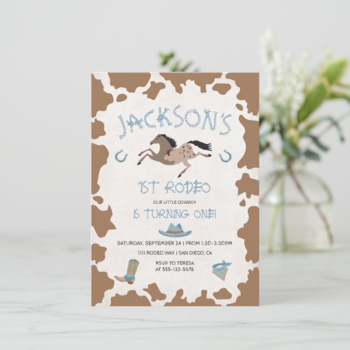 Cowboy 1st Rodeo Cow pattern Birthday Party Invitation | Zazzle