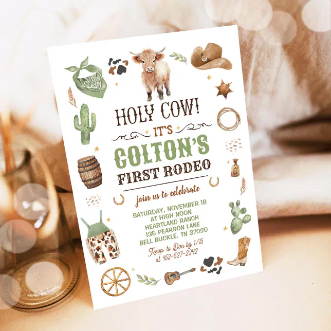 Cowboy 1st Rodeo Highland Cow Theme Birthday Party Invitation | Zazzle