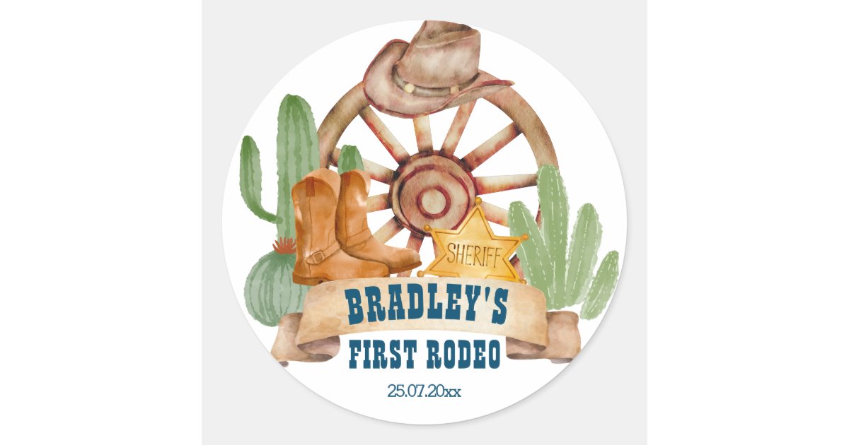 Cowboy 1st rodeo horses farm party personalized classic round sticker ...