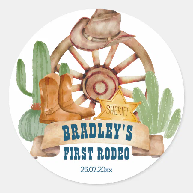 Cowboy 1st rodeo horses farm party personalized classic round sticker ...