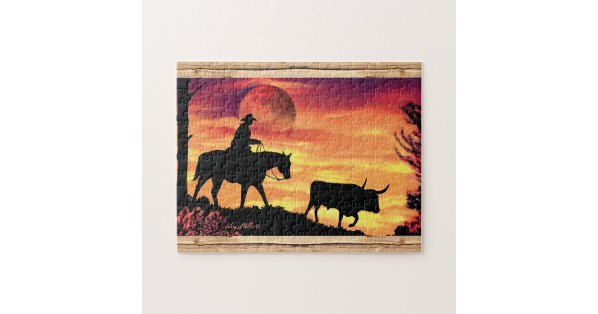 Cowboy And Longhorn Steer Jigsaw Puzzle | Zazzle