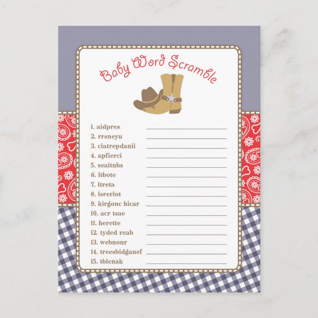 Cowboy Baby Shower Word Scramble Game Invitation Postcard | Zazzle