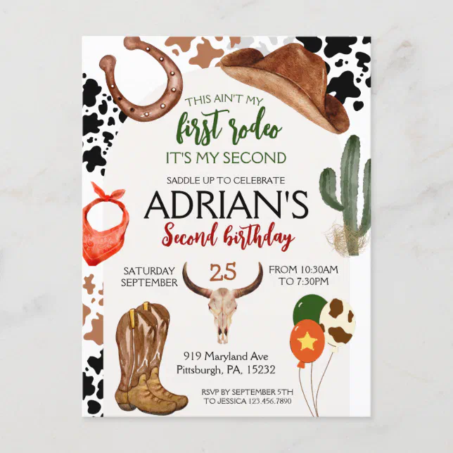 Cowboy Birthday 2nd Rodeo Birthday Party Postcard | Zazzle