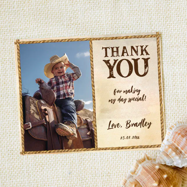 Cowboy birthday first rodeo photo thank you card | Zazzle