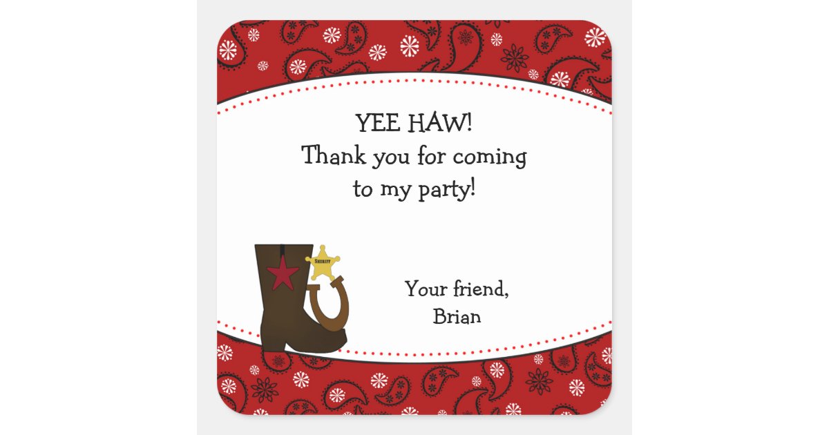 Cowboy Birthday Party Favor Sticker Red Paisley | Zazzle