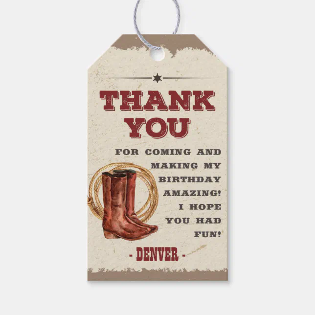 Cowboy Birthday Party Thank You Favor Gift Tag | Zazzle