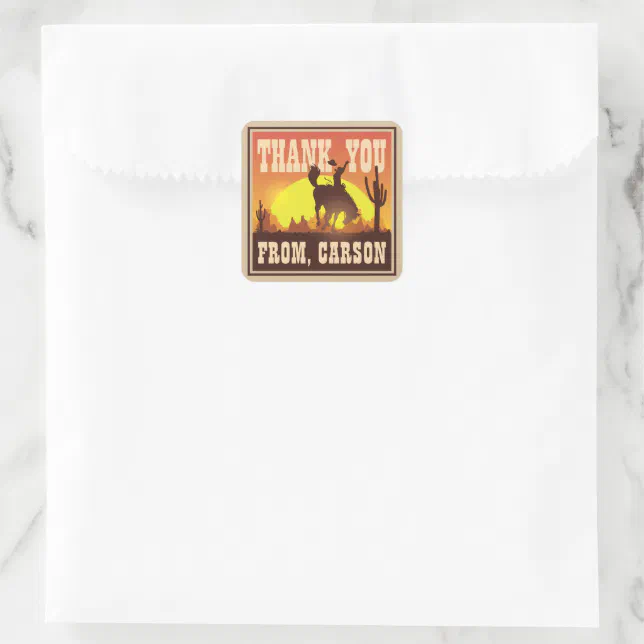 Cowboy Birthday Rodeo, Wild West Thank You Favor Square Sticker | Zazzle