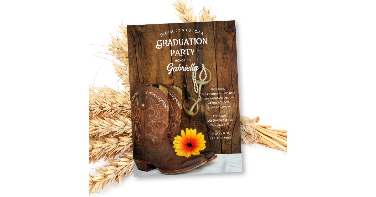 Cowboy Boot Daisy Country Western Graduation Party Invitation | Zazzle