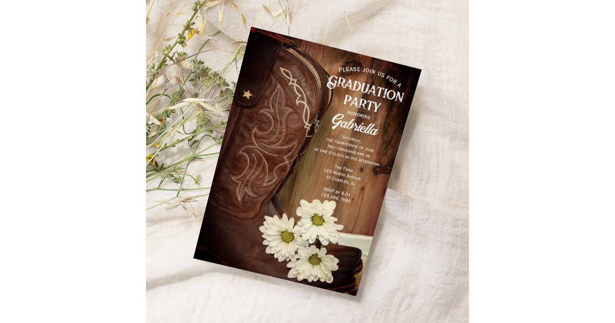 Cowboy Boot White Daisies Western Graduation Party Invitation | Zazzle