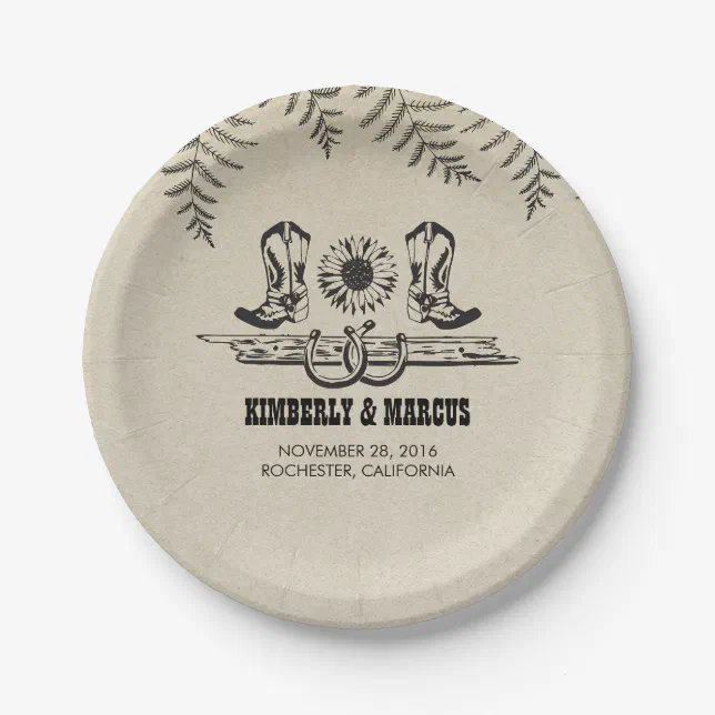 Cowboy Boots Rustic Country Wedding Paper Plates | Zazzle