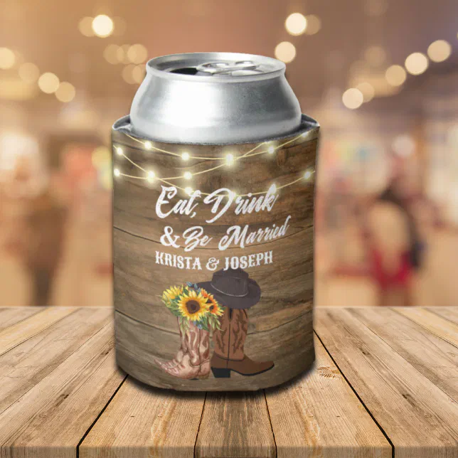 Cowboy Boots Sunflower Western Wedding Can Cooler | Zazzle