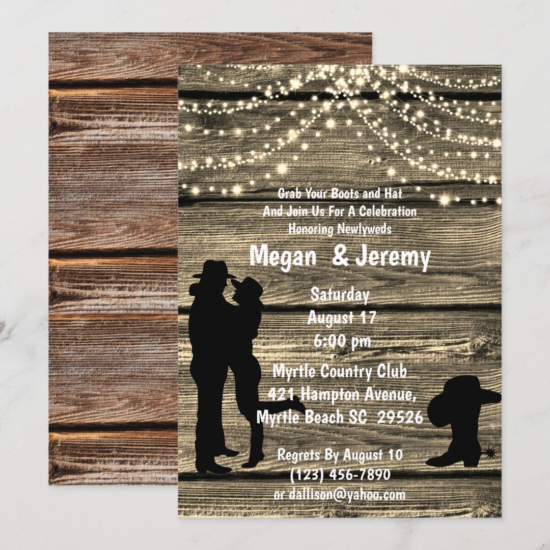 Cowboy Cowgirl Hug Wood String Light Reception Invitation | Zazzle
