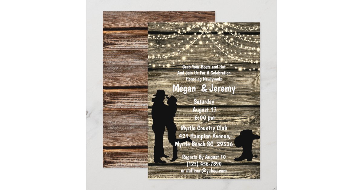 Cowboy Cowgirl Hug Wood String Light Reception Invitation | Zazzle
