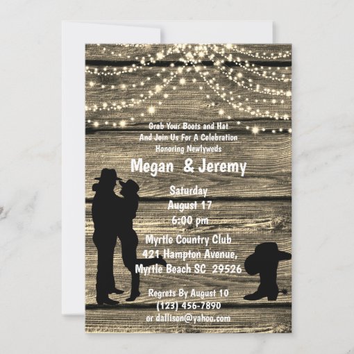 Cowboy Cowgirl Hug Wood String Light Reception Invitation | Zazzle