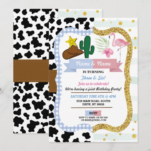 Cowboy & Flamingo Joint Boy Girl Birthday Invitation | Zazzle