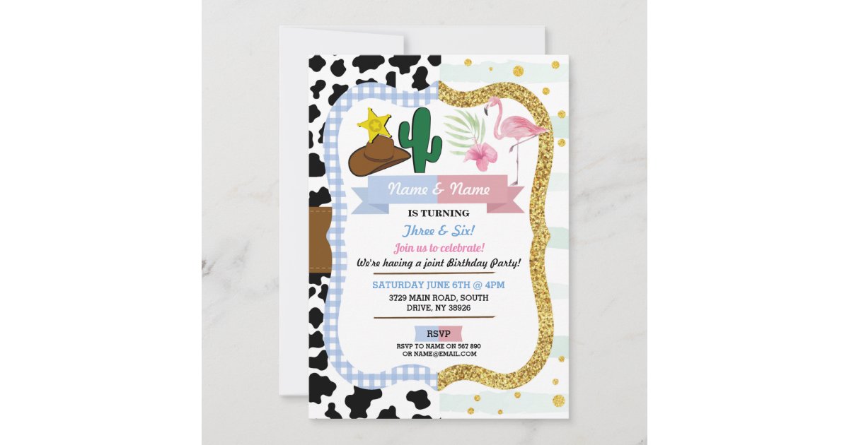 Cowboy & Flamingo Joint Boy Girl Birthday Invitation | Zazzle