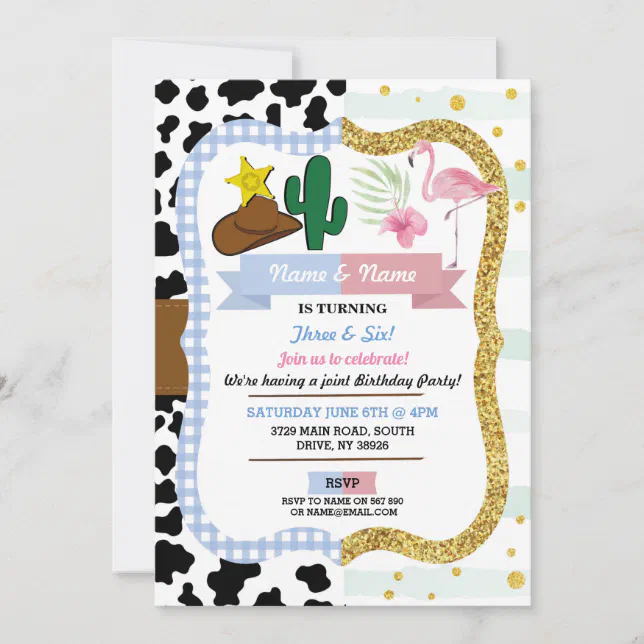 Cowboy & Flamingo Joint Boy Girl Birthday Invitation | Zazzle
