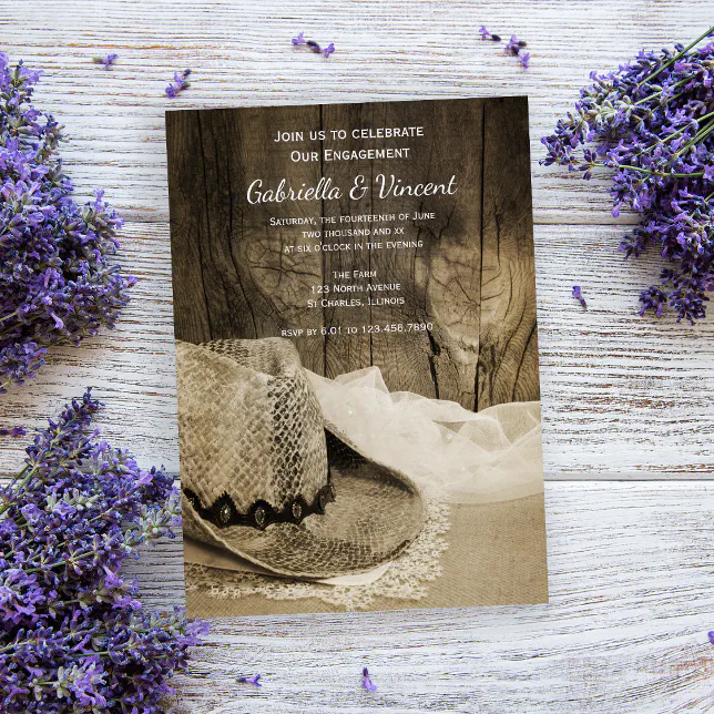 Cowboy Hat and Barn Wood Western Engagement Party Invitation | Zazzle
