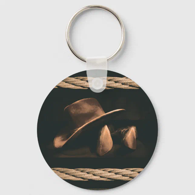 Cowboy hat, boots and rope western style masculine keychain | Zazzle