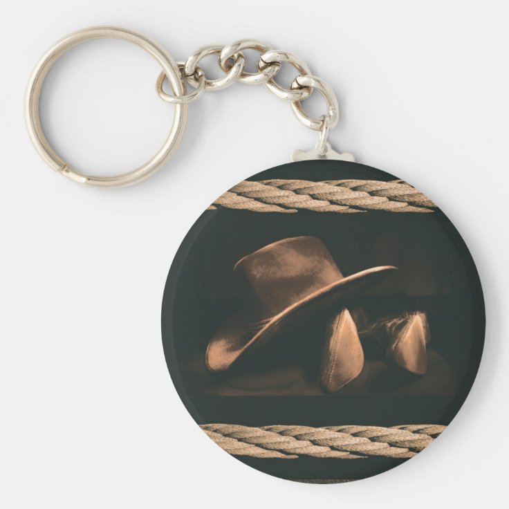 Cowboy hat, boots and rope western style masculine keychain | Zazzle