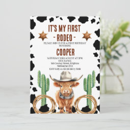 Cowboy Highland Cow My First Rodeo 1st Birthday Invitation | Zazzle