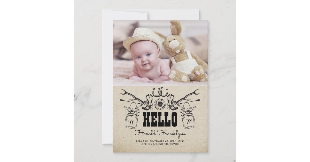 Cowboy Newborn Baby Photo Birth Announcement | Zazzle