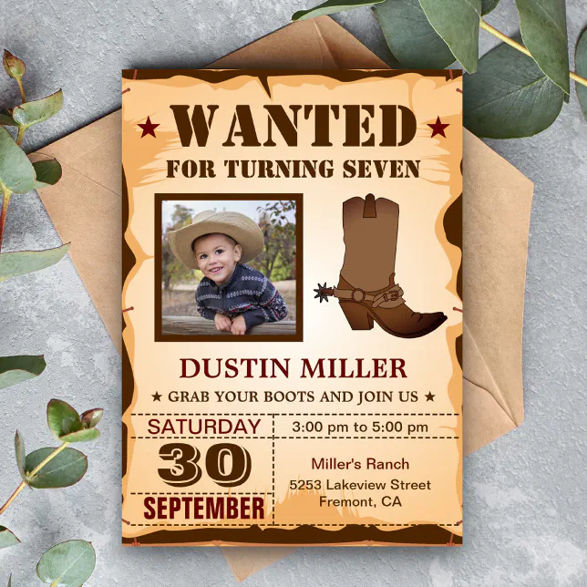 Cowboy Photo Wanted Poster Birthday Party Invitation | Zazzle