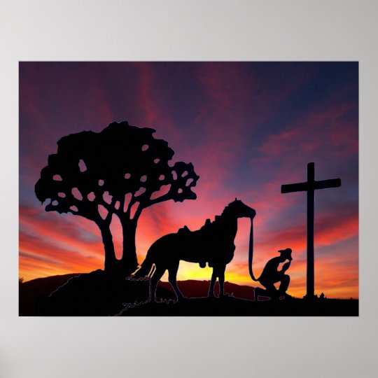 Cowboy Praying at the Cross Christian Western Art Poster | Zazzle.com