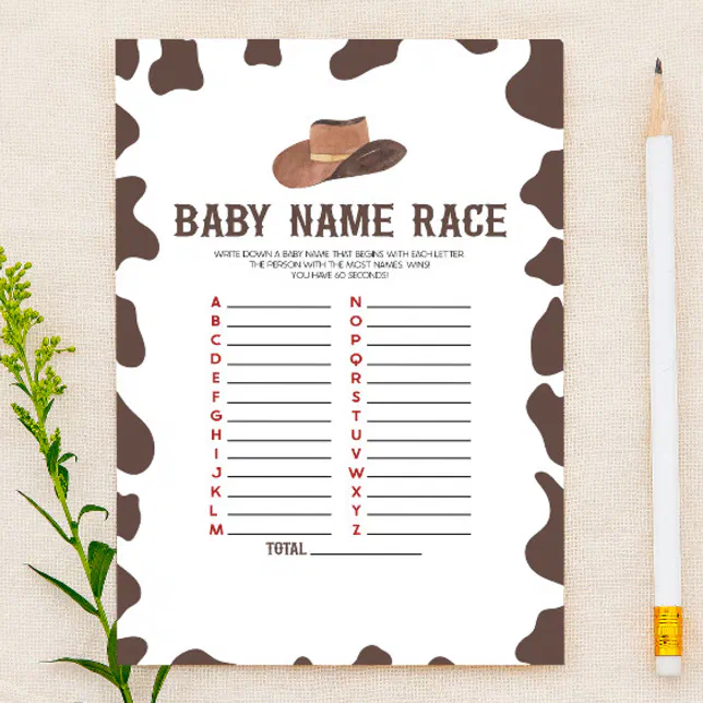 Cowboy Rodeo Name Race Baby Shower Game Activity Stationery | Zazzle