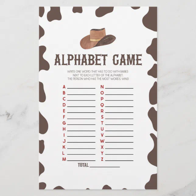 Cowboy Rodeo Western Alphabet Baby Shower Game Stationery | Zazzle
