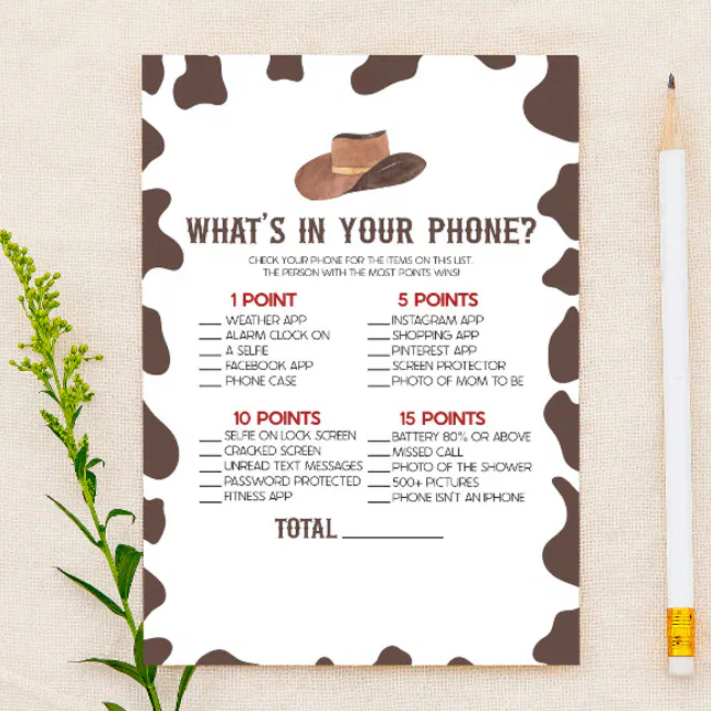 Cowboy Rodeo What's In Your Phone Baby Shower Game Stationery | Zazzle