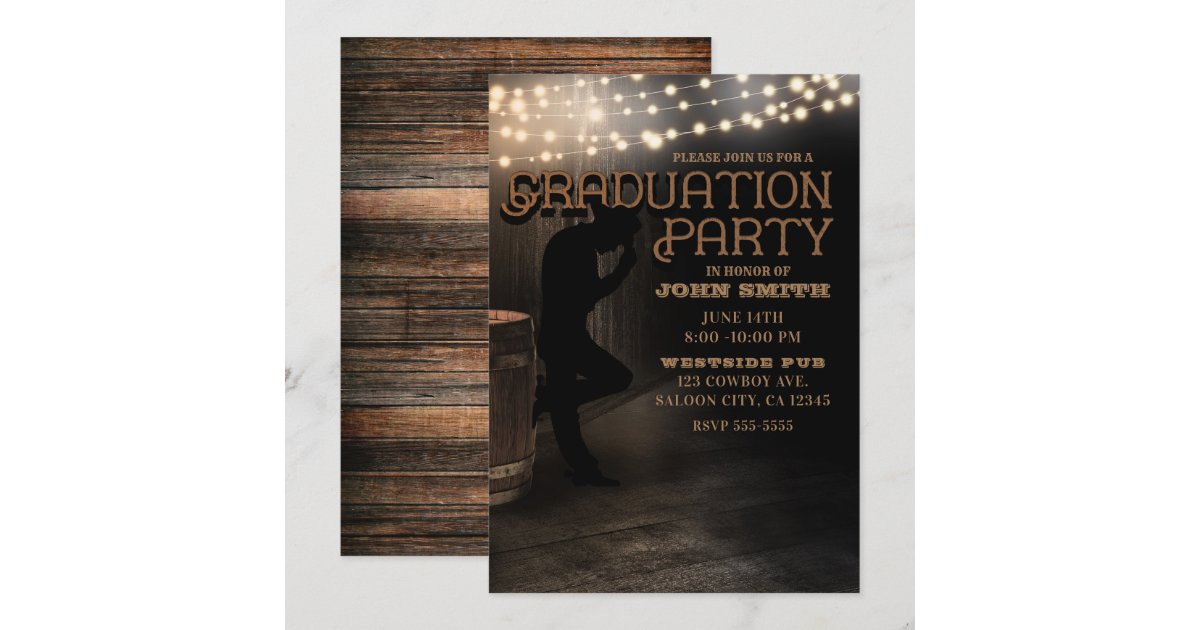 Cowboy Rustic Country Saloon Pub Graduation Party Invitation | Zazzle