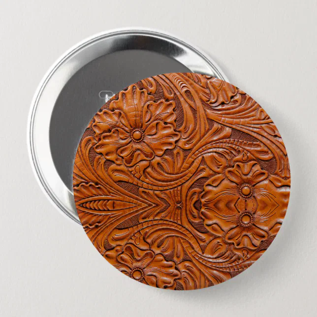 Cowboy Rustic western country tooled leather print Button | Zazzle