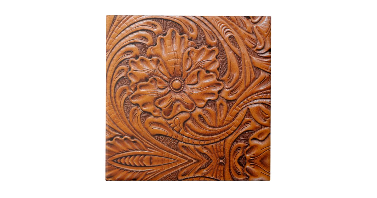 Cowboy Rustic western country tooled leather print Ceramic Tile | Zazzle