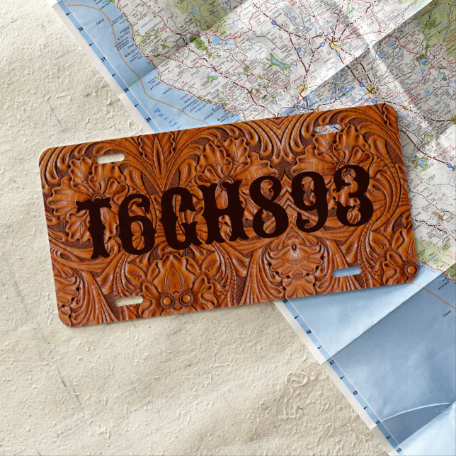 Cowboy Rustic western country tooled leather print License Plate | Zazzle